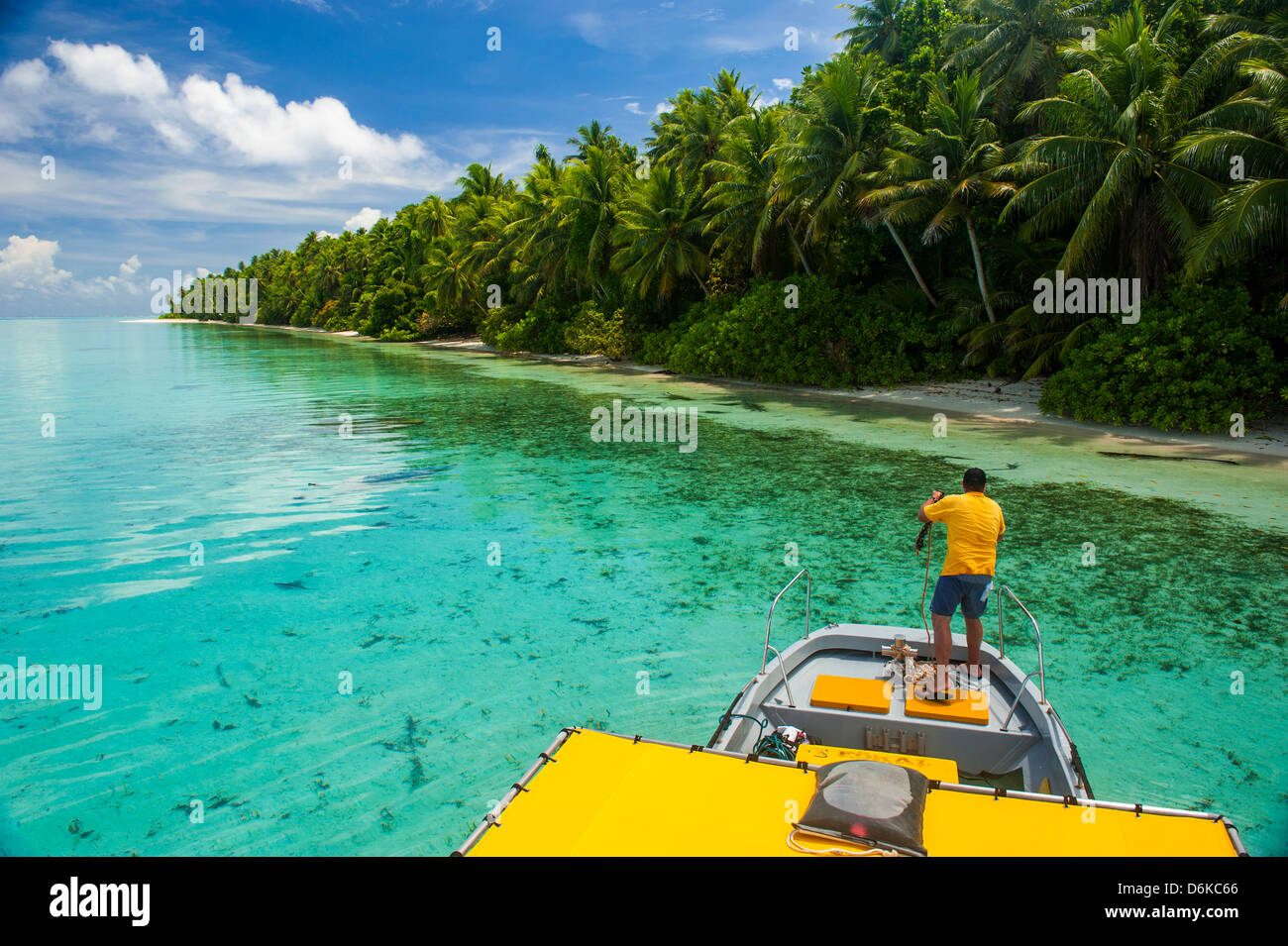 Yellow sundeck of a boat in the Ant Atoll, Pohnpei, Micronesia, Pacific ...