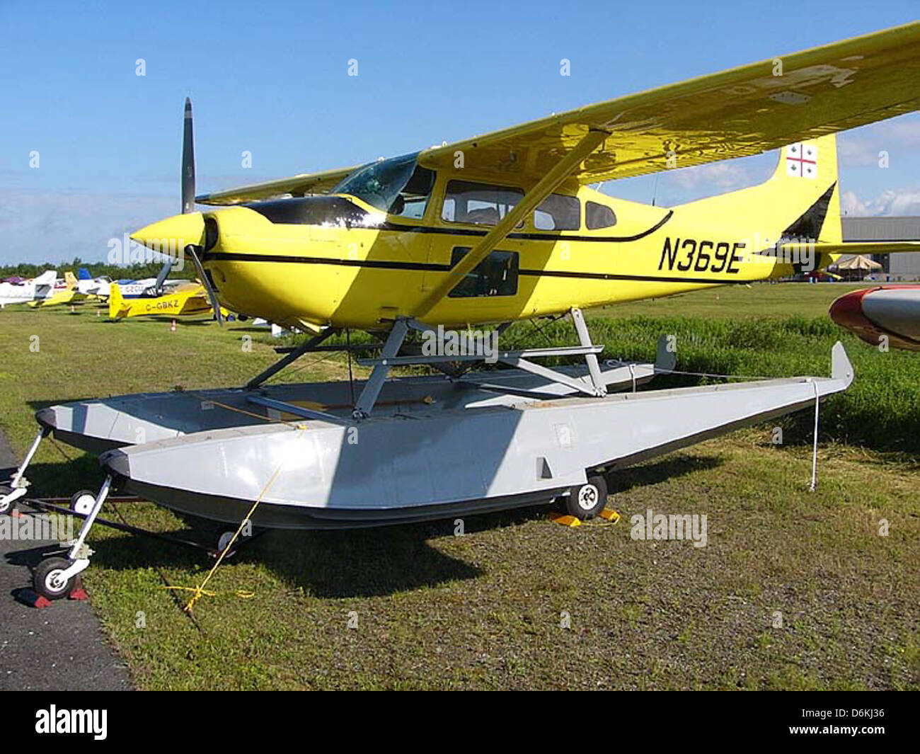 A Cessna A185F Skywagon on amphibious floats, showcased during its ...