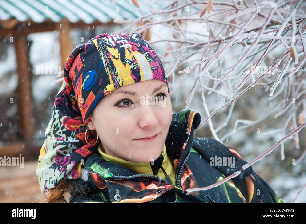 Beautiful woman in ski suit in snowy winter outdoors, Almaty ...