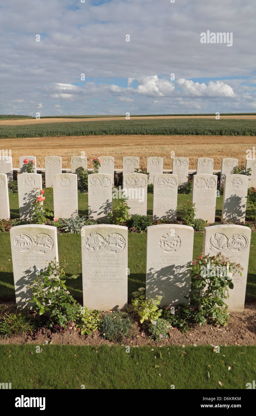 Headstones in the CWGC Stump Road Cemetery, Grandcourt, Somme, France ...