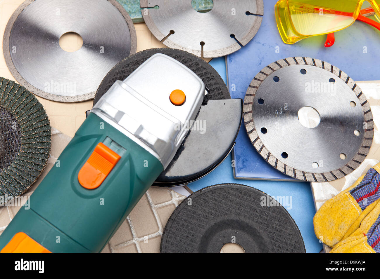 The cutting machine and various detachable disks Stock Photo - Alamy