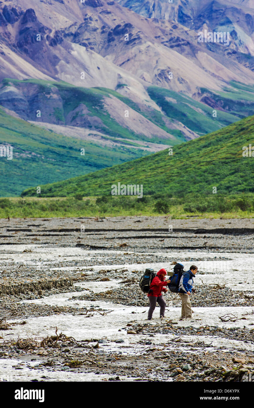 Two backpackers carefully fiord the Toklat River, Denali National Park ...