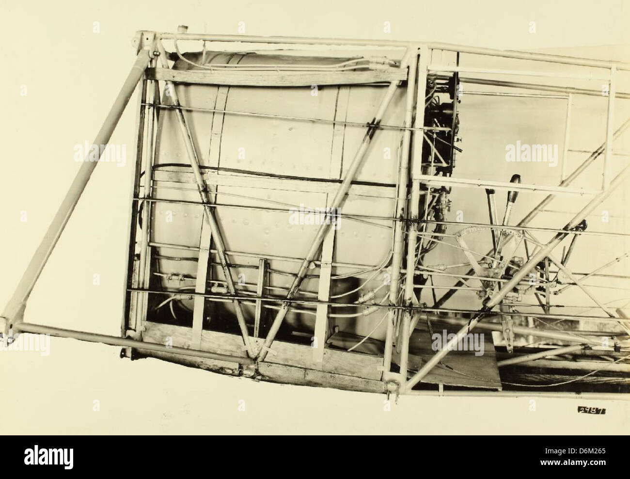 The uncovered frame of an aircraft fuselage displays the structural ...