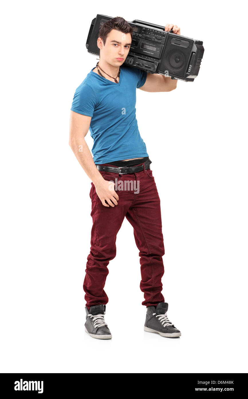 Full length portrait of a cool guy with a radio, isolated on white ...