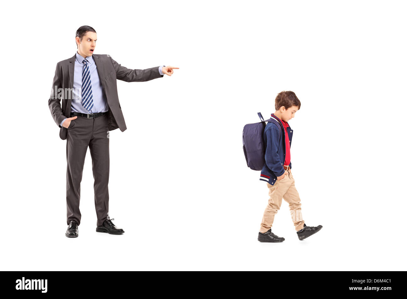 Full length portrait of an angry father shouting at his son, isolated ...