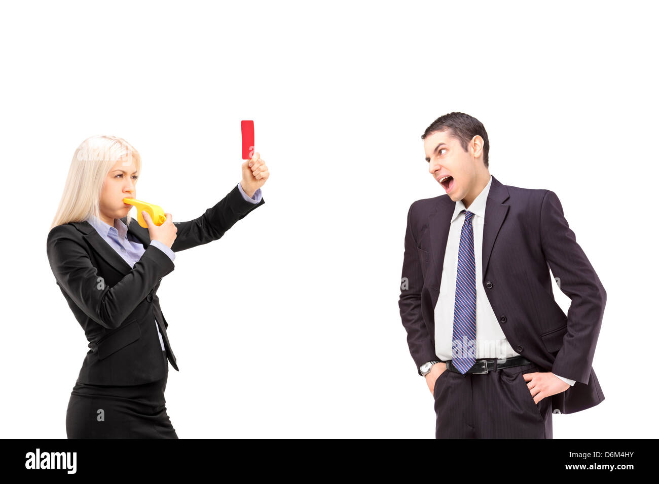 Woman in business suit showing a red card to an angry man in a business ...