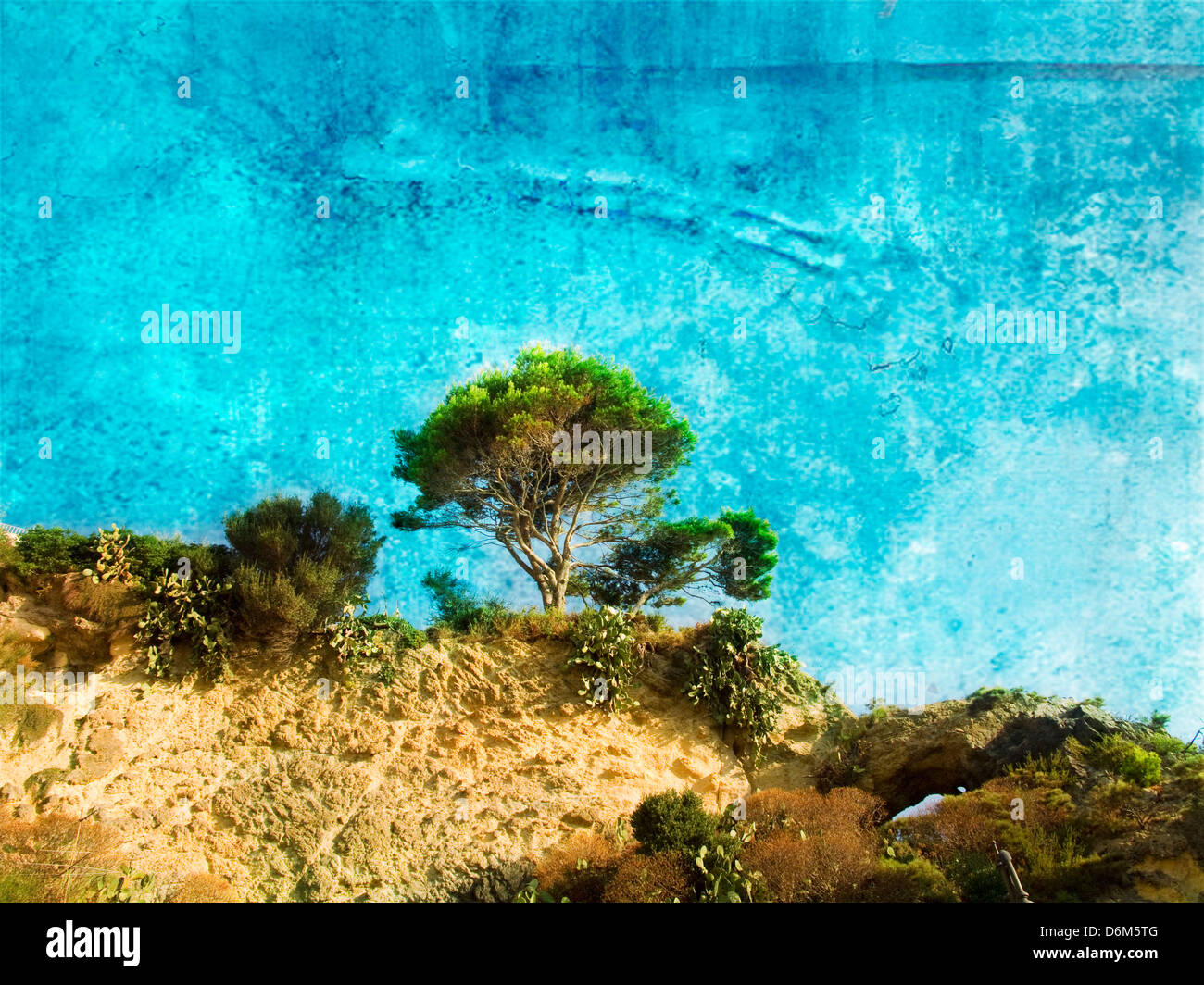 Single tree on a hill with blue grunge textured background Stock Photo ...