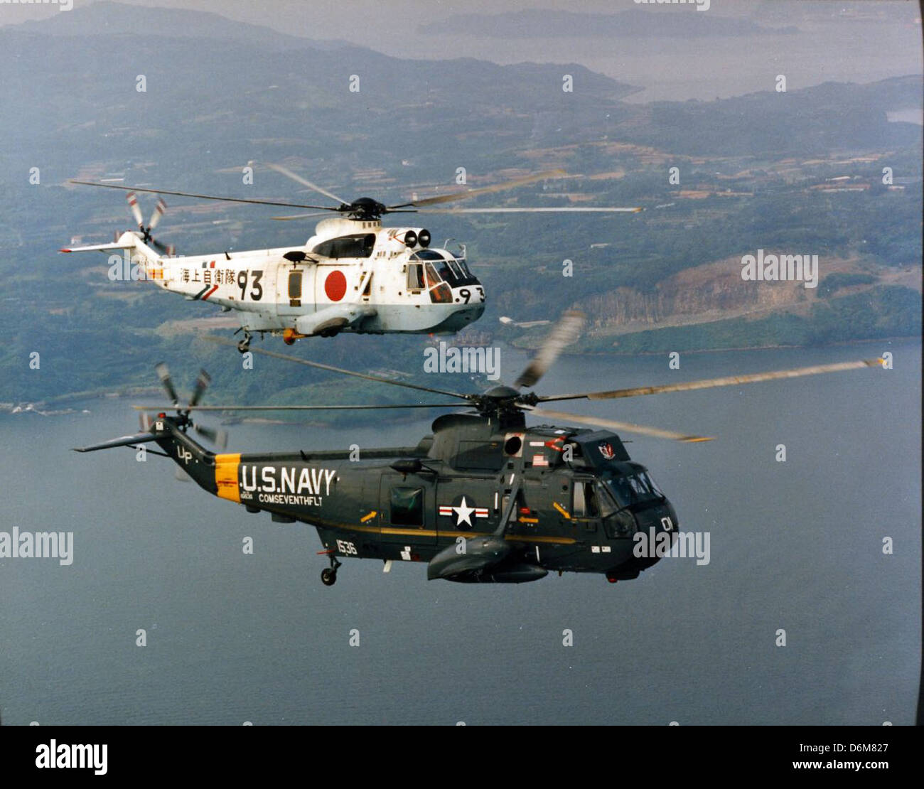 The H-3 helicopter, used by both the USA and Japan, is shown in flight ...