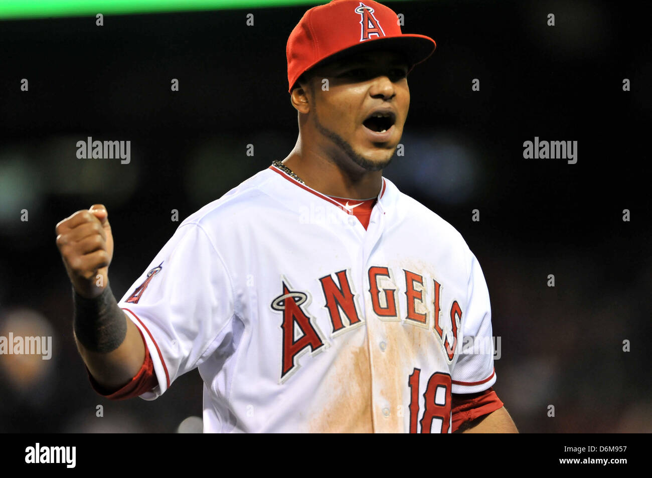 Anaheim, California, USA. 19th April, 2013. Angels' Luis Ramirez #18 ...