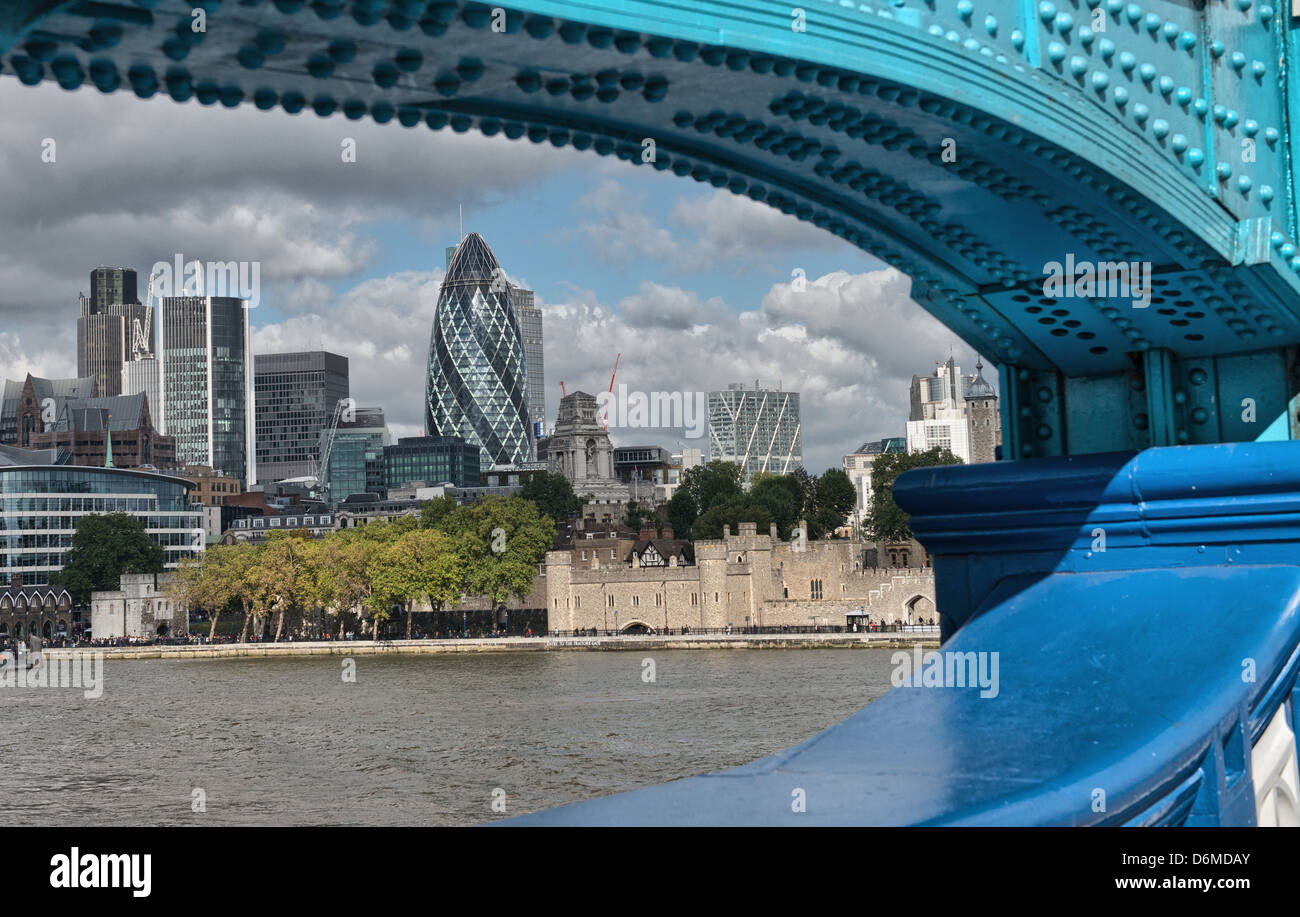 London Modern Buildings framed by Tower Bridge metal structure - UK ...