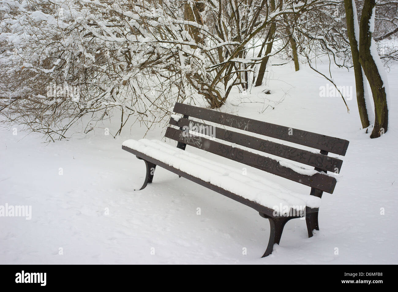 Park bench covered with snow winter wonderland Wroclaw Park Szczytnicki ...