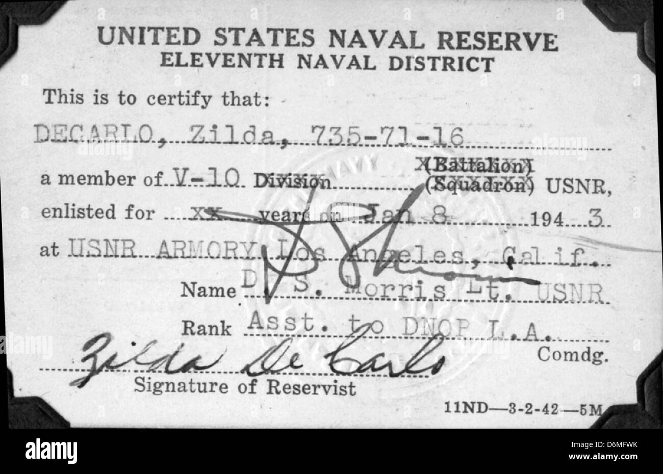 The enlistment card for Zilda DeCarlo highlights her service in the U.S ...