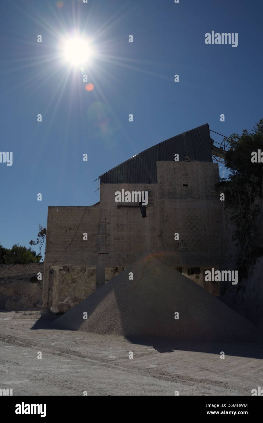 Industrial building and pile of gravel at mining and quarry site ...