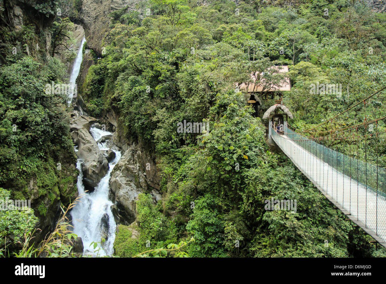 A suspension bridge and The Devil's Cauldron near Baños Stock Photo - Alamy