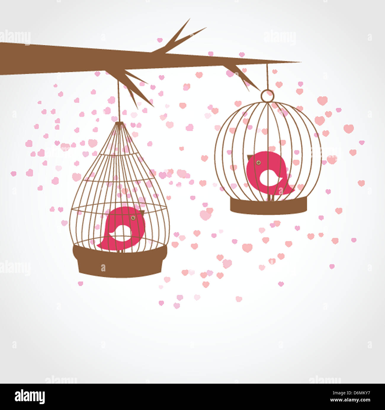 Vintage card with two cute birds in retro cages Stock Photo - Alamy