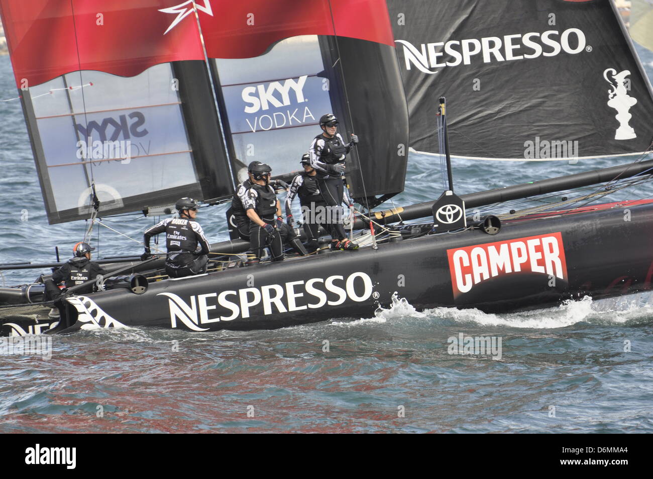 the catamaran of team races during the america's cup world series ...