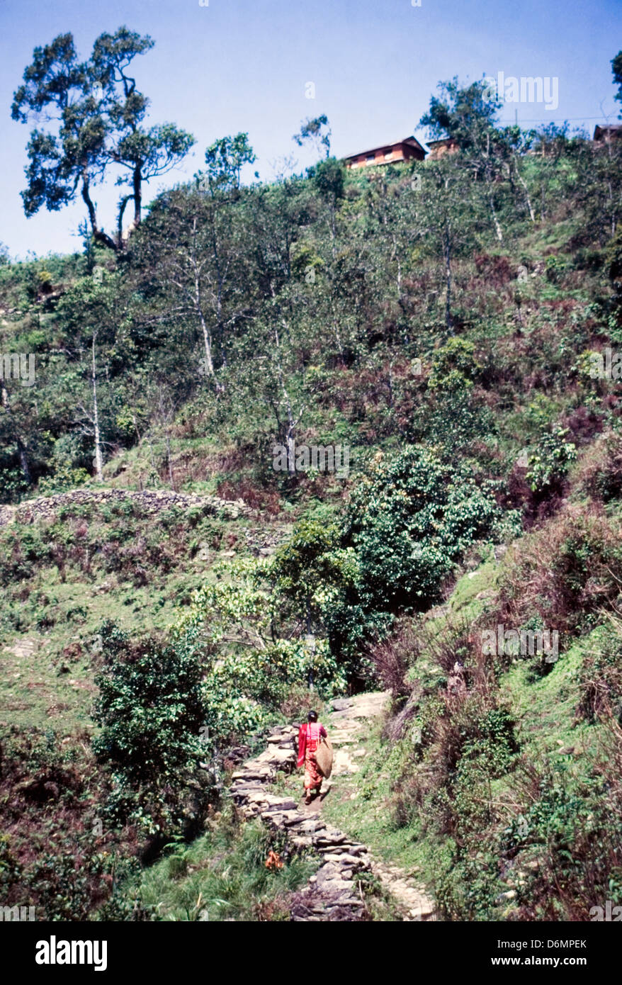 local woman climbing long and winding trail to her cliff top home near ...