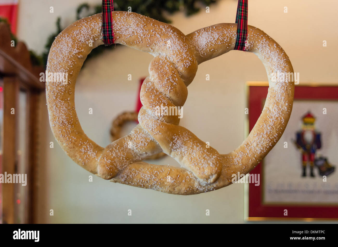 Traditional bavarian pretzel on display in a shop in Leavenworth ...