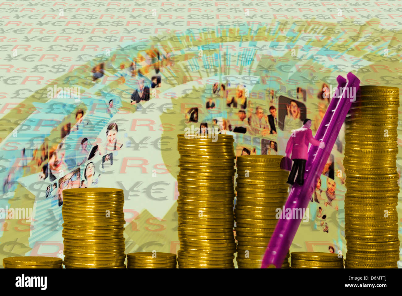 Coin Stack with arrow, bar graph, man with ladder concept Stock Photo ...