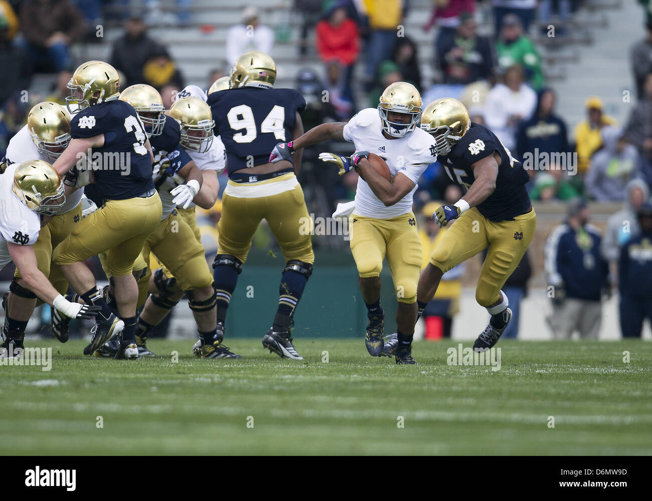 South Bend, Indiana, USA. 20th April, 2013. Notre Dame Fighting Irish running back George ...