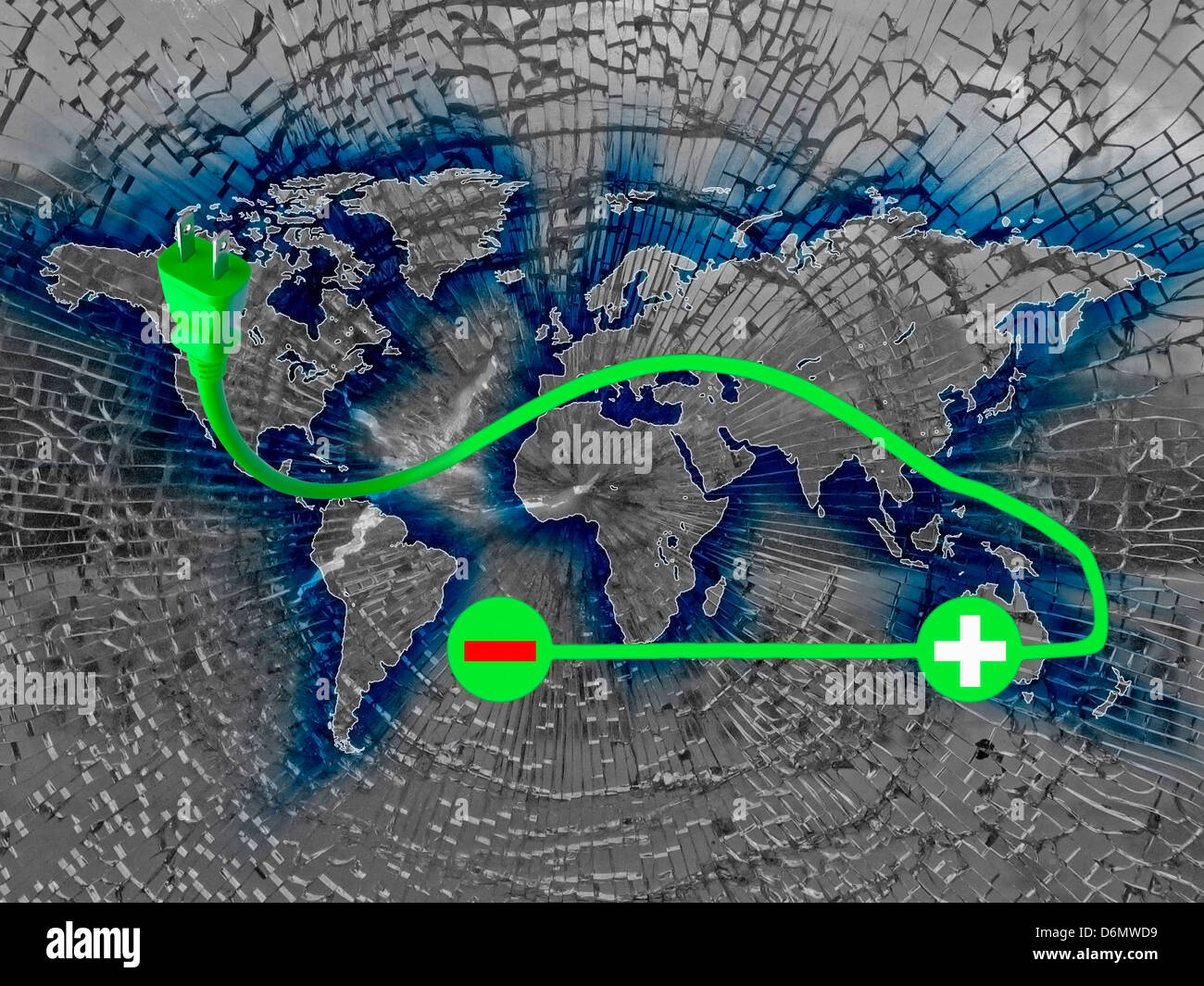 Symbol of the electric cars on Broken Glass, World Map, Concept Stock ...