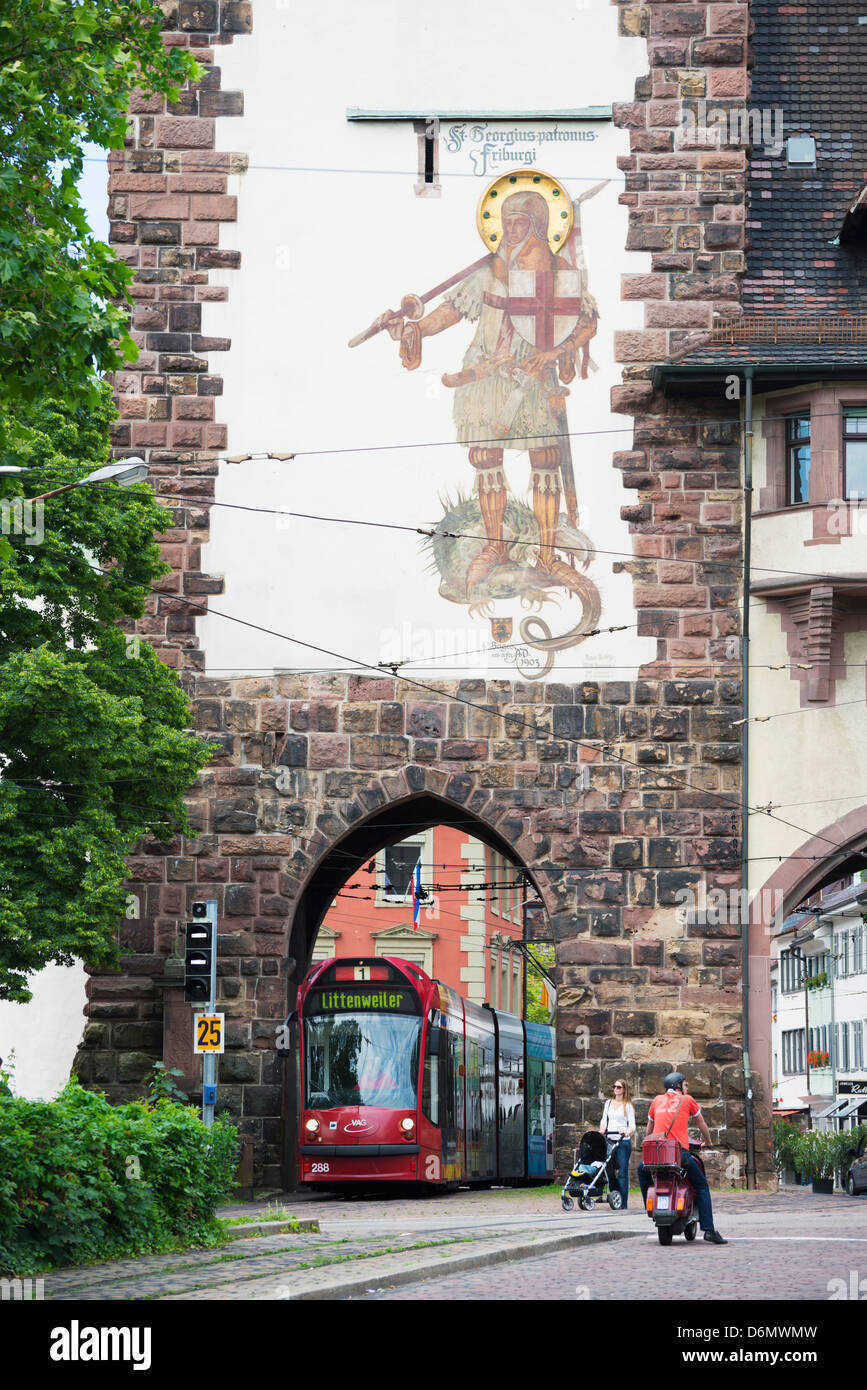 tram at the old town city gate, Freiburg, Baden-Wurttemberg, Germany ...