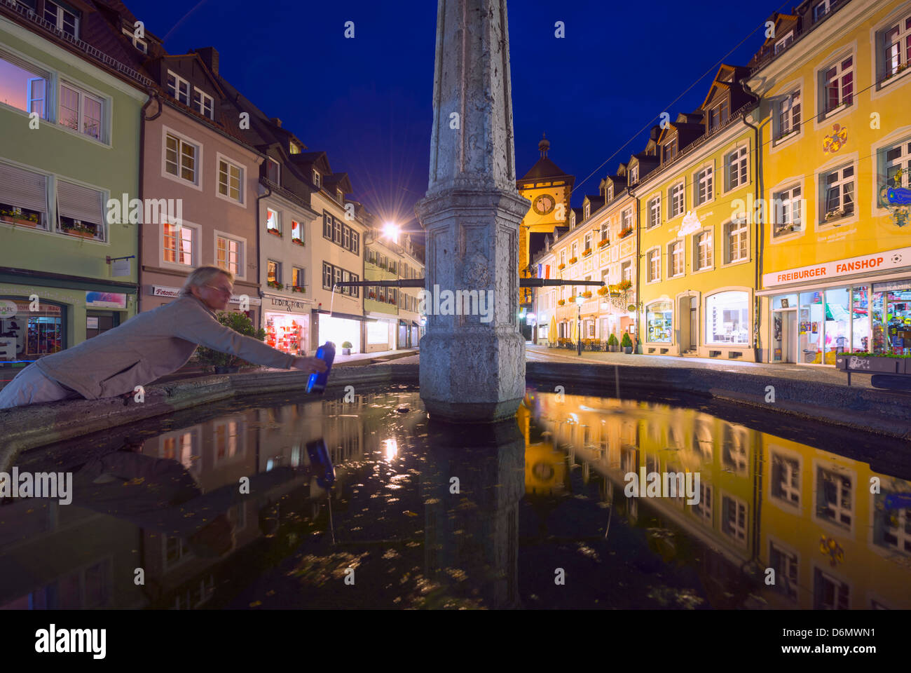 water fountain, old town city gate, Freiburg, Baden-Wurttemberg ...