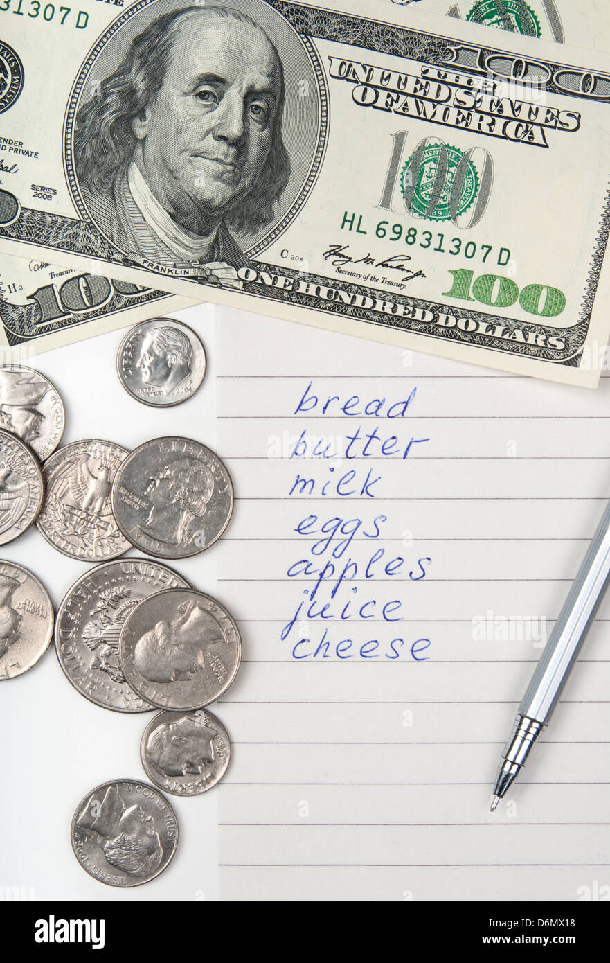 Cost of living. Money, pen and handwritten shopping list Stock Photo ...