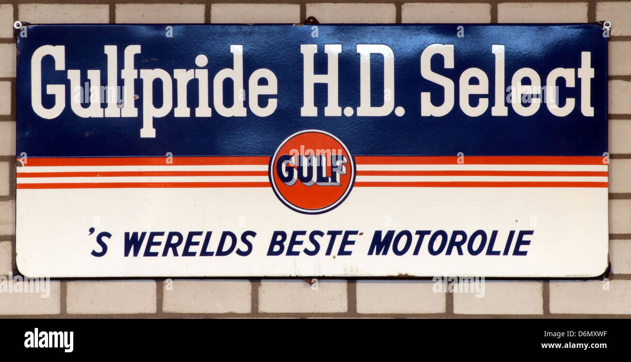 The Gulf enamel advert sign displayed at the Den Hartog Ford Museum is ...