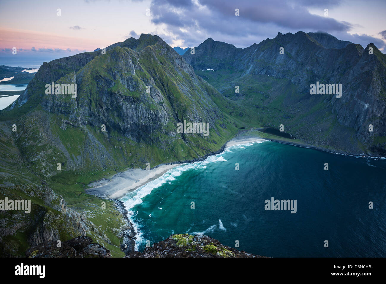 Looking down on Kvalvika beach from near summit of Ryten, Lofoten ...
