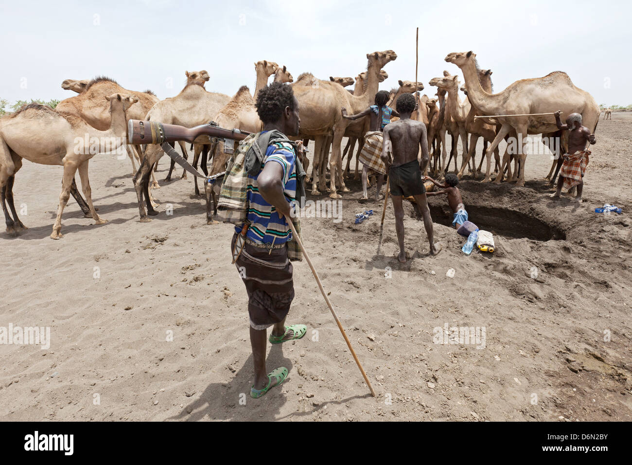 Awash, Ethiopia, nomads dig in a dry river bed with his hand on the ...
