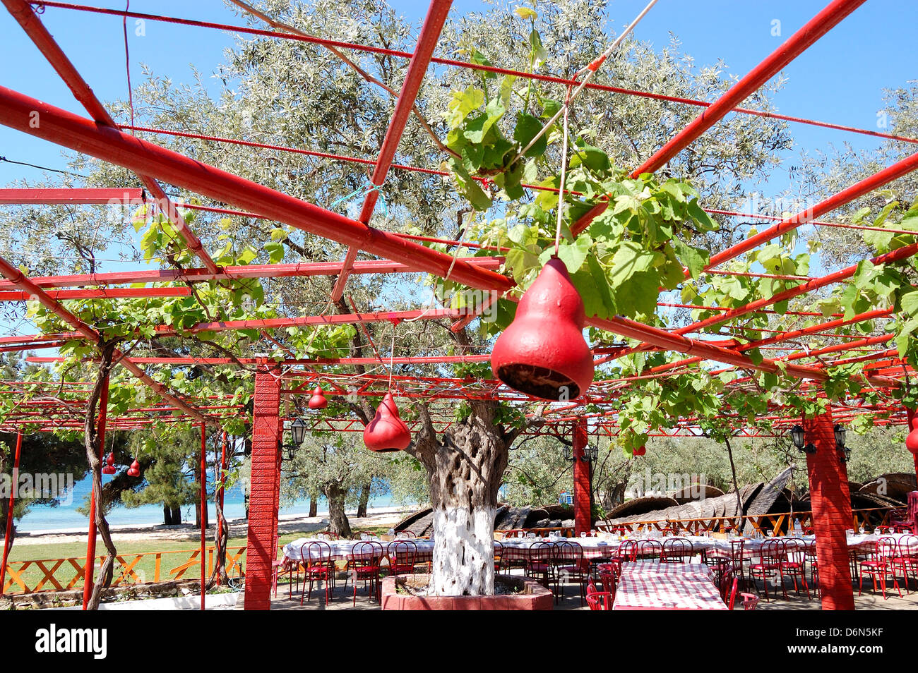 Traditional Greek outdoor tavern at the beach, Thassos island, Greece ...