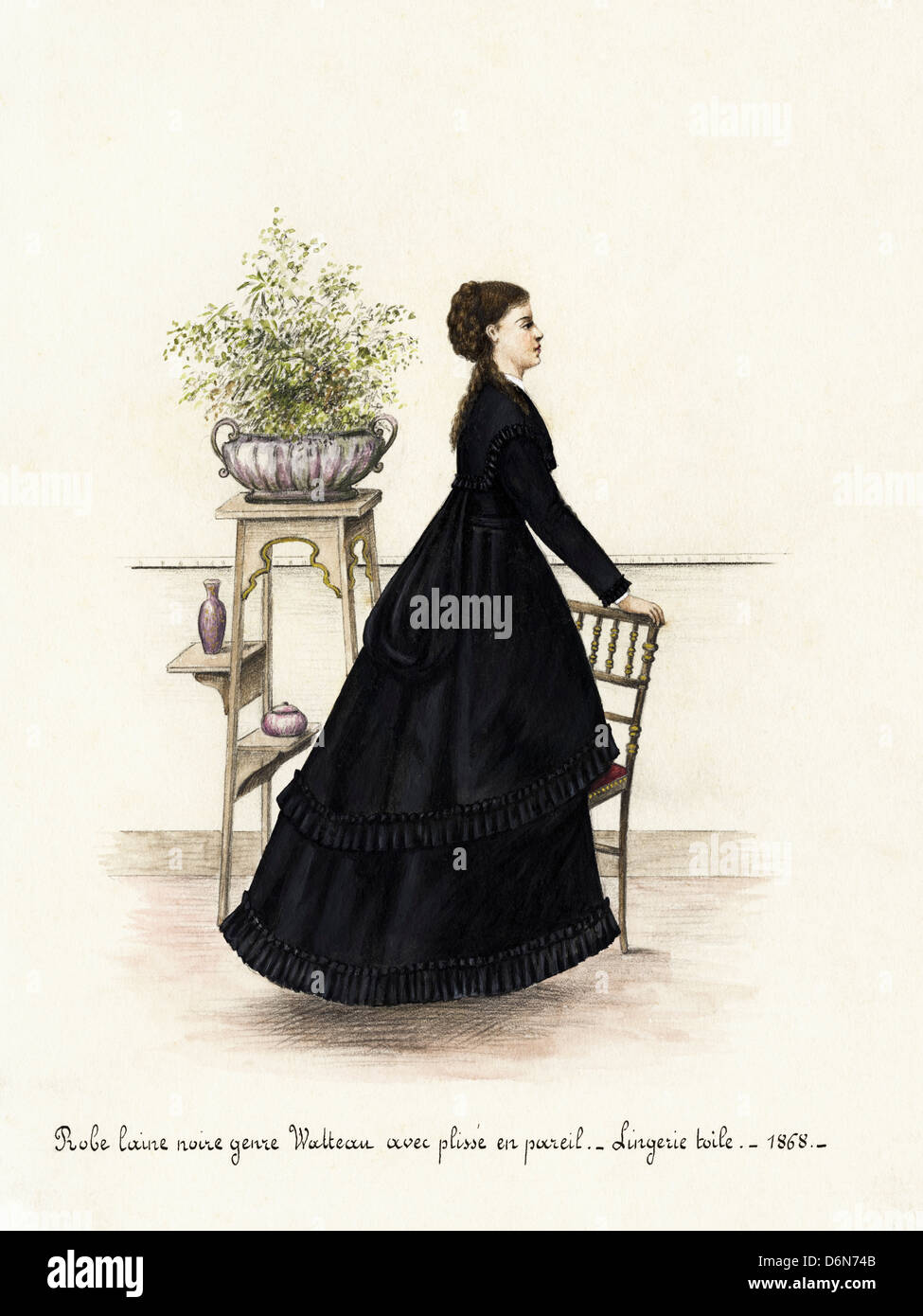 French fashion from the Victorian era dated 1868. Original watercolour ...