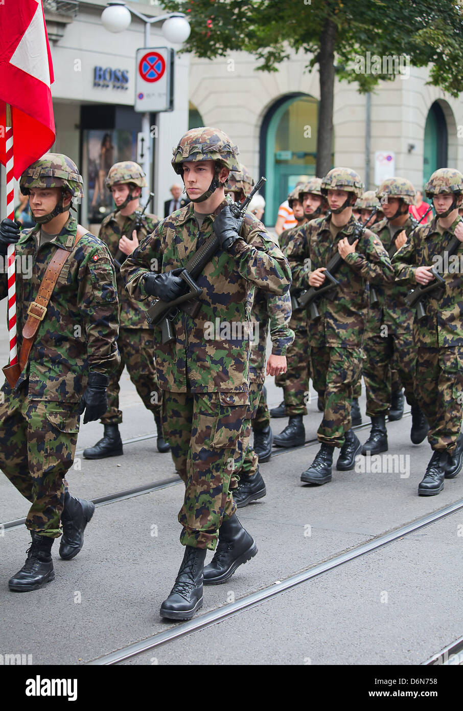 ZURICH - AUGUST 1: Swiss Infantry division taking part in Swiss ...