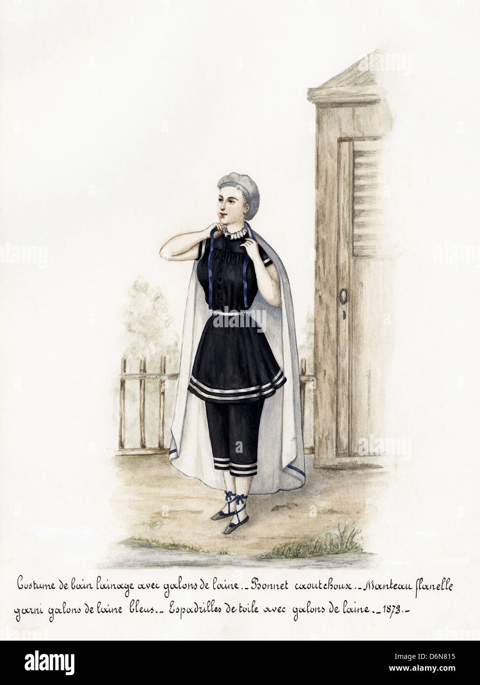 French fashion from the Victorian era dated 1873. Original watercolour ...