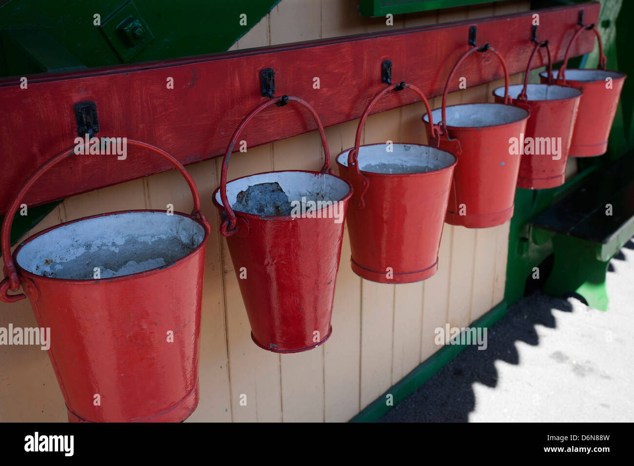Fire Buckets on a Railway Station Stock Photo - Alamy