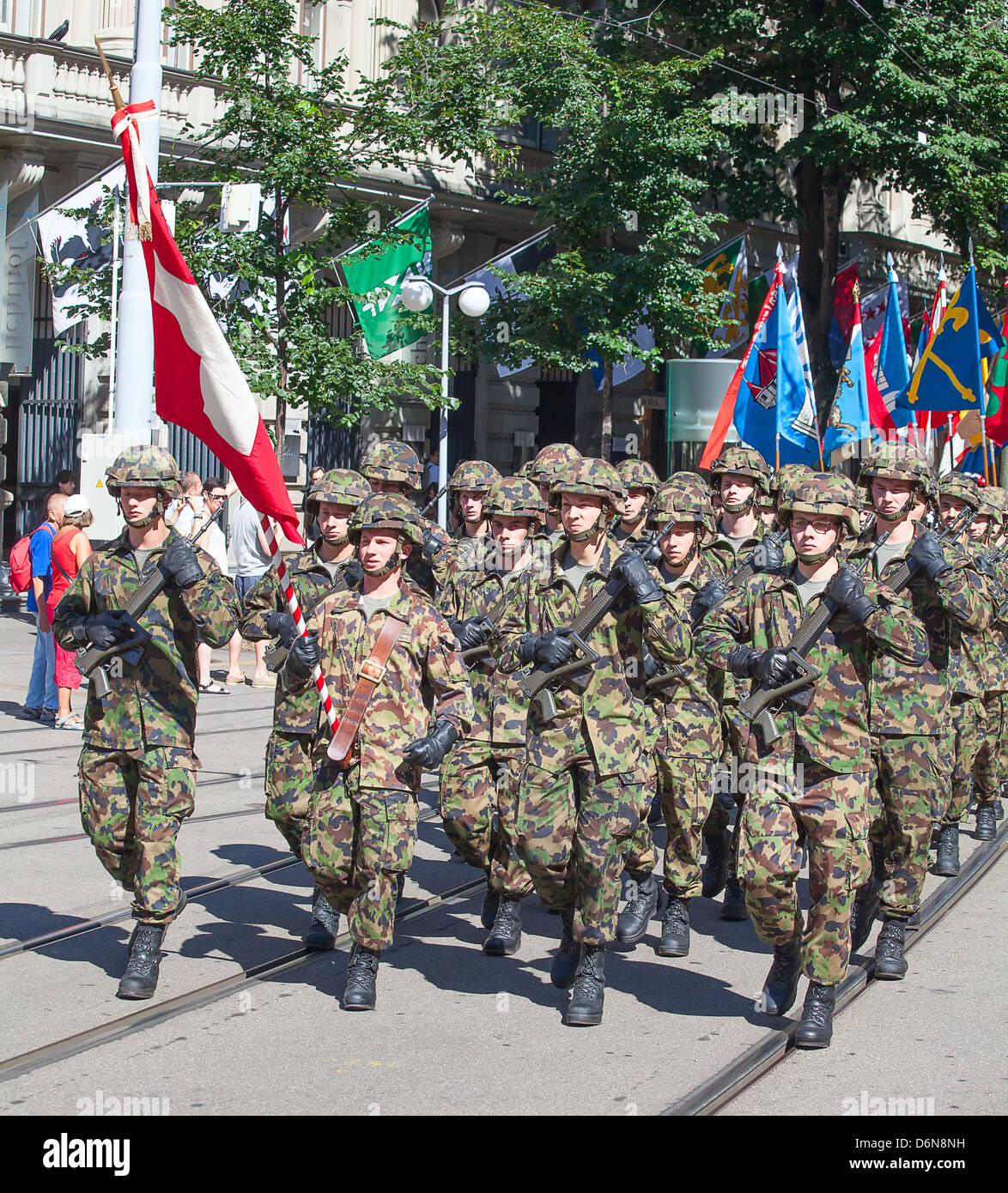 ZURICH - AUGUST 1: Infantry division of the Swiss army participating in ...