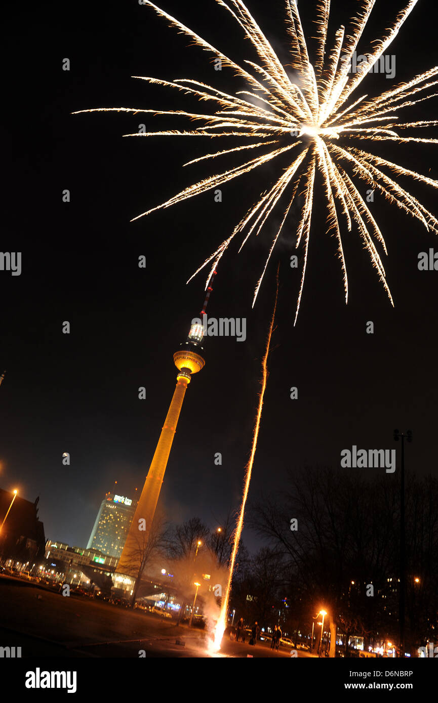 Berlin, Germany, on New Years Eve fireworks at Alexanderplatz in Berlin ...