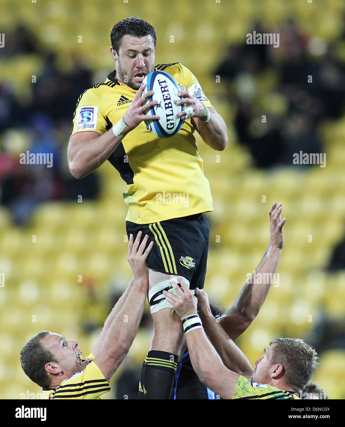 19.04.2013. Wellington, New Zealand. Hurricanes' Jeremy Thrush controls ...