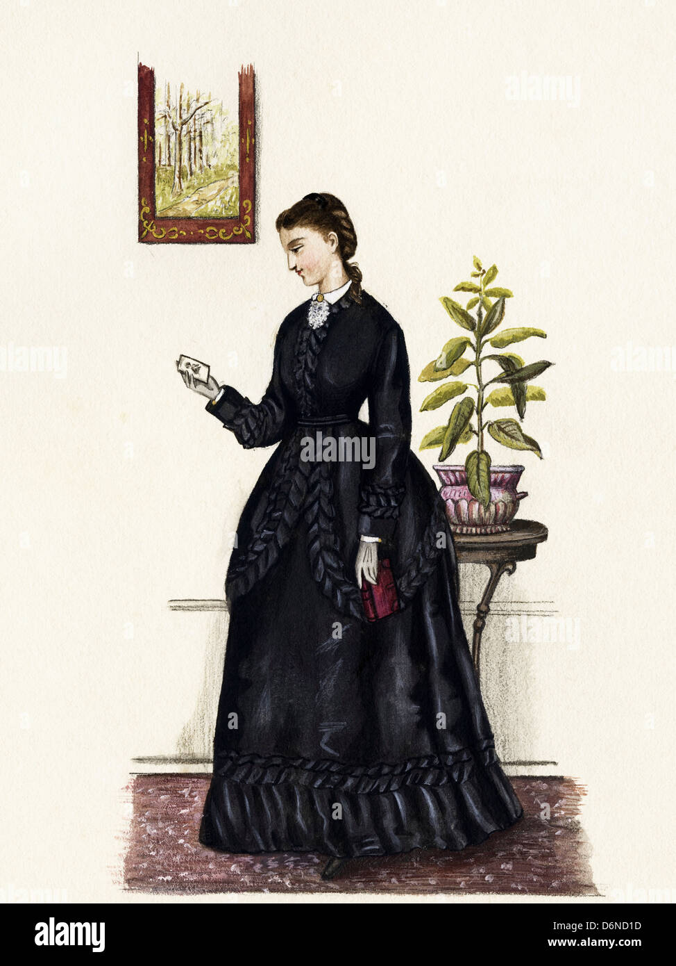 French fashion from the Victorian era dated 1869. Original watercolour ...