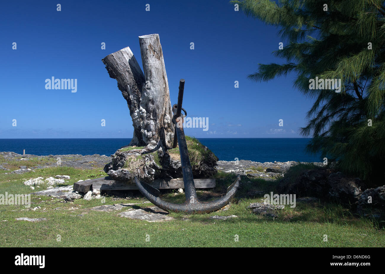 Connell, Barbados, an anchor on a tree stump reminded of sunken ships ...