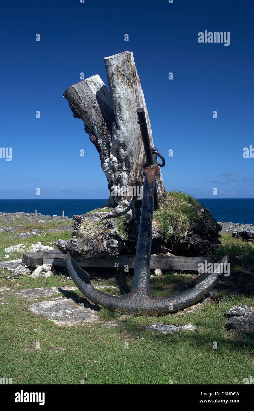 Connell, Barbados, an anchor on a tree stump reminded of sunken ships ...