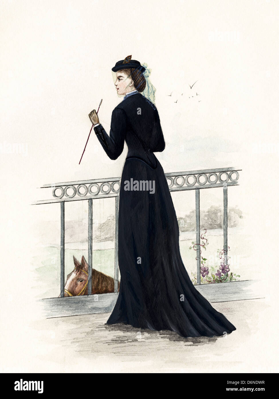 French fashion from the Victorian era dated 1873. Original watercolour ...