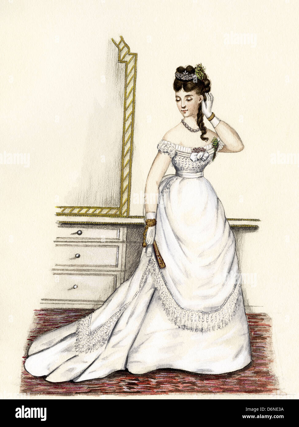 French fashion from the Victorian era dated 1874. Original watercolour ...