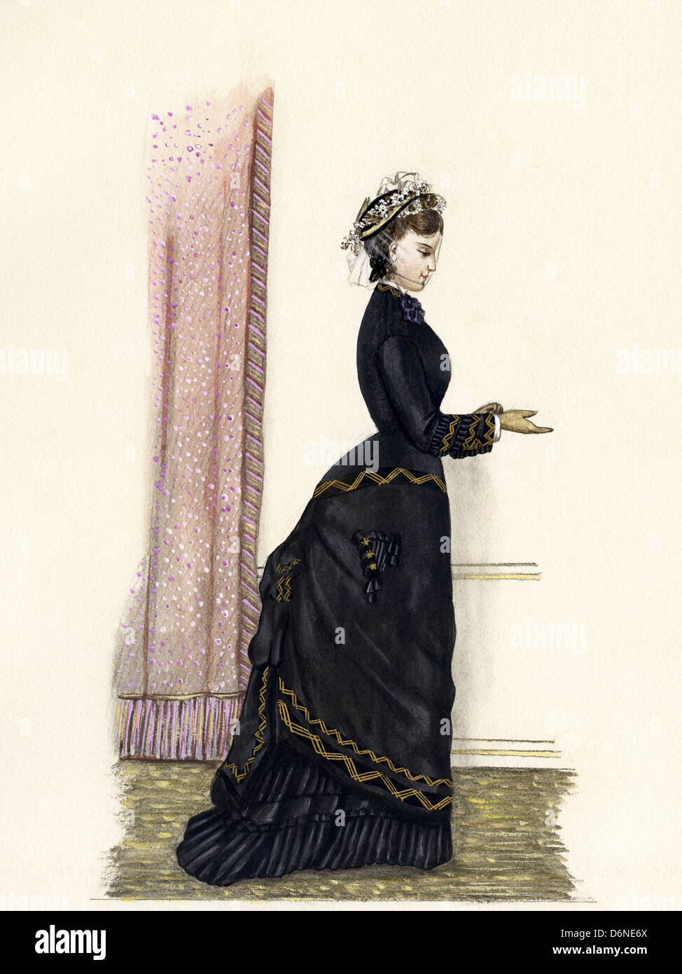 French fashion from the Victorian era dated 1876. Original watercolour ...