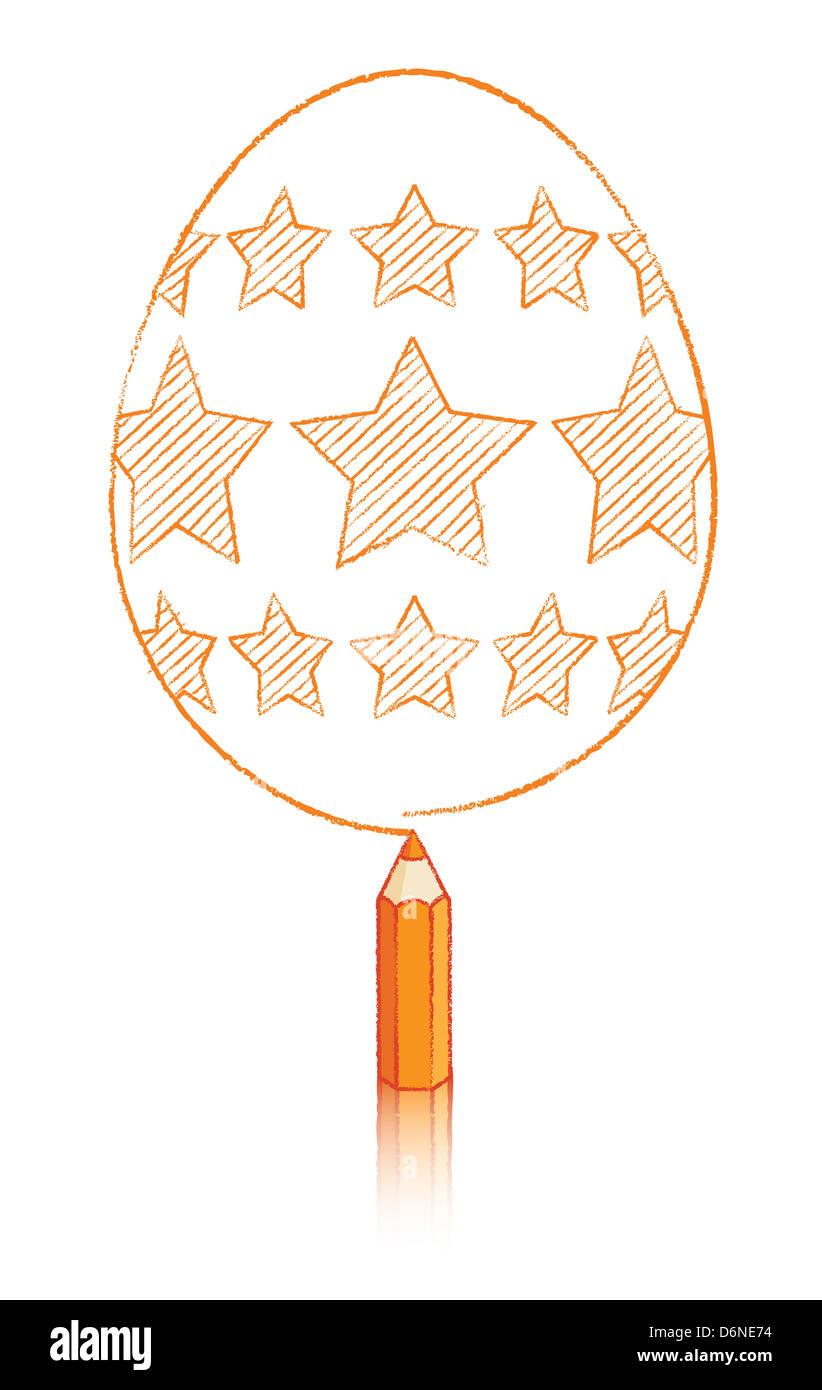 Orange Pencil with Reflection Drawing Easter Egg with Stars on White ...
