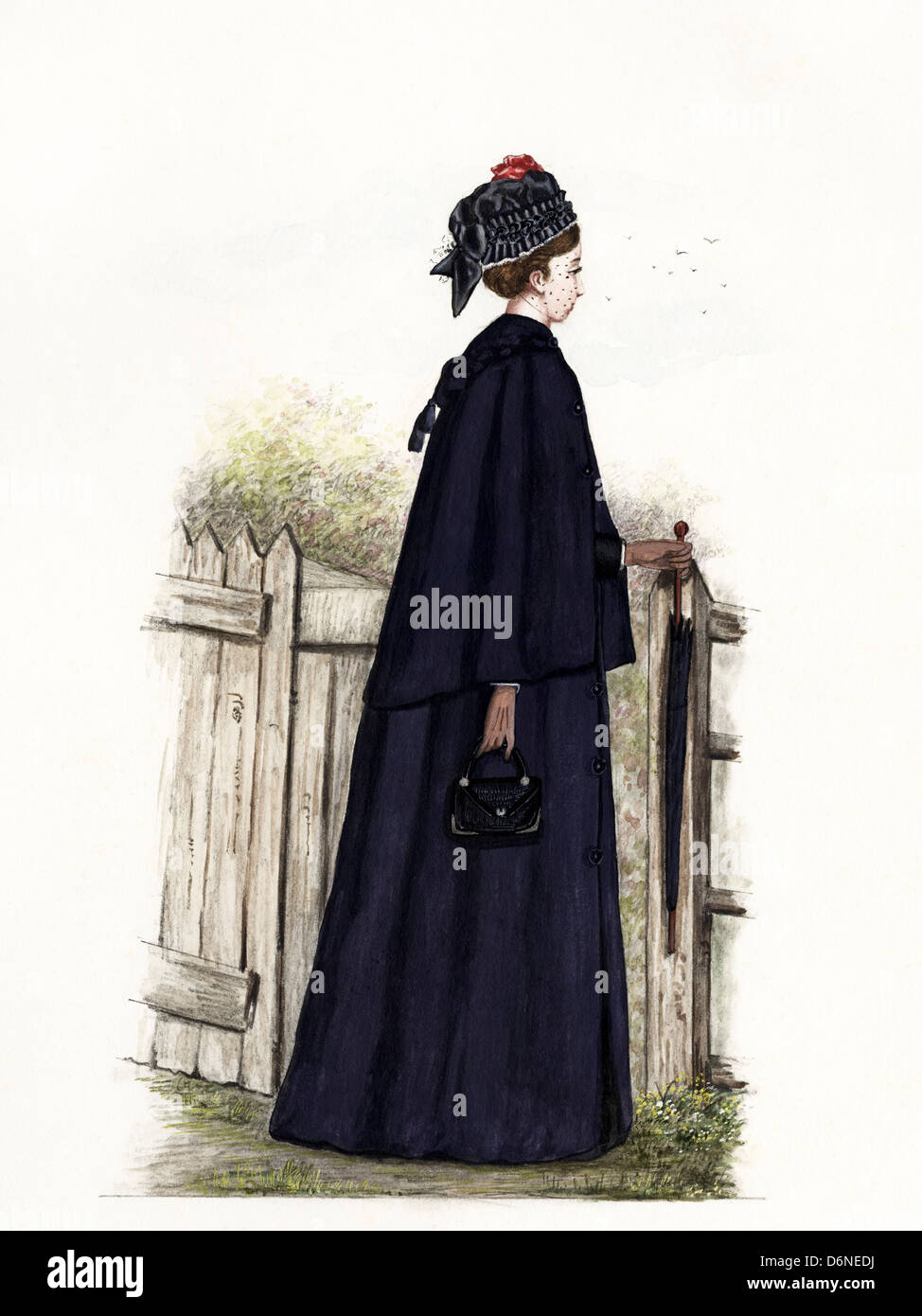 French fashion from the Victorian era dated 1877. Original watercolour ...
