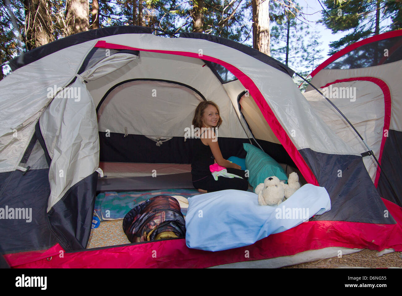 Campsite with tent and camping equipment. People relaxing around ...