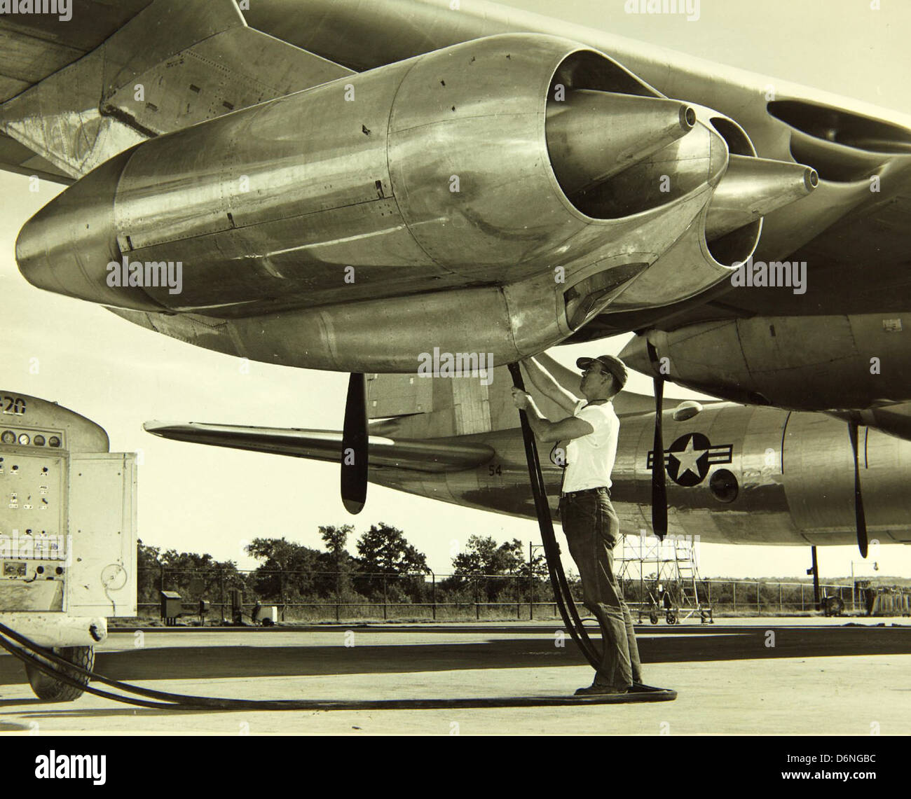 This photograph shows the Convair B-36 Peacemaker aircraft being built ...