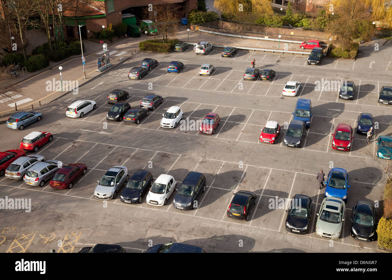 Cars parked in a car park seen from above, city of York, Yorkshire ...